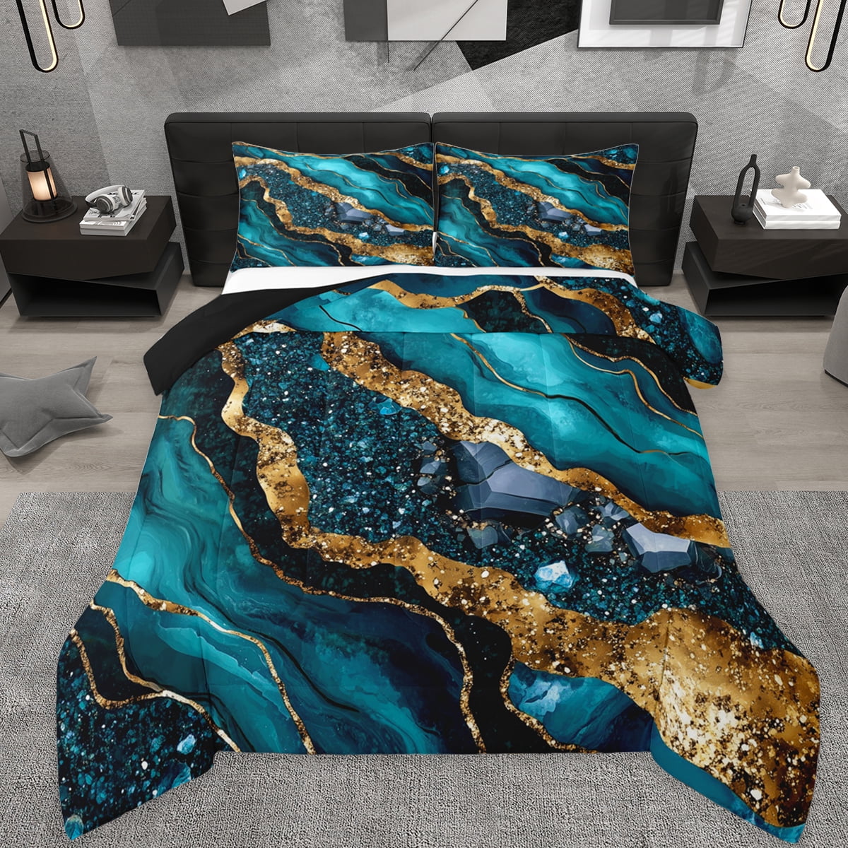Manfei Marble Texture Road Full Size Comforter Sets,Blue Gold Bedding ...