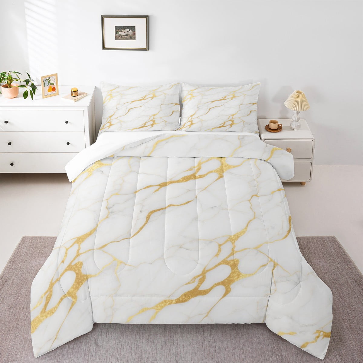 Manfei Marble Texture Road King Size Comforter Sets,White Gold Bedding ...