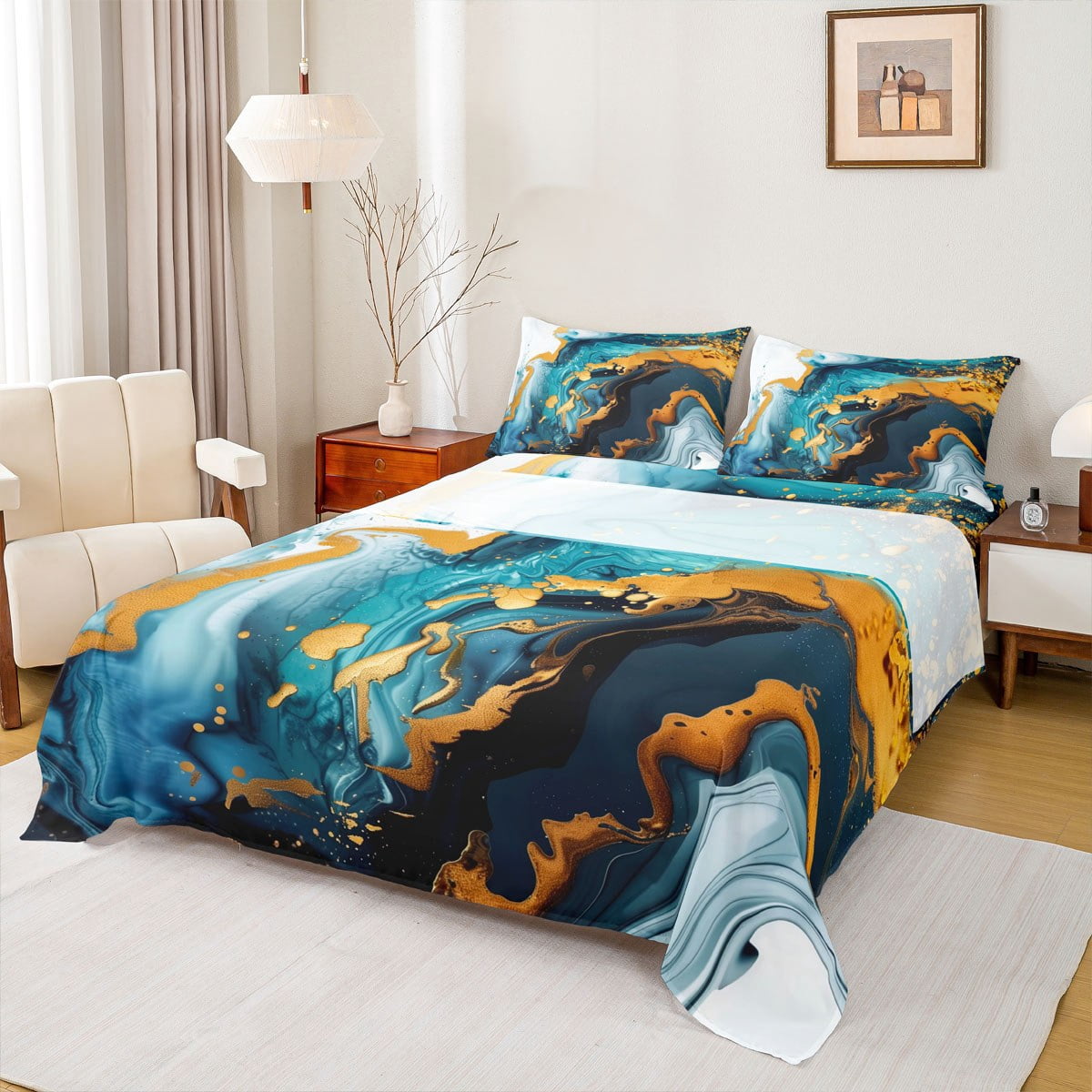 Manfei Marbling Crack Print Twin Sheet Sets,Gold Blue Ombre Bedding ...