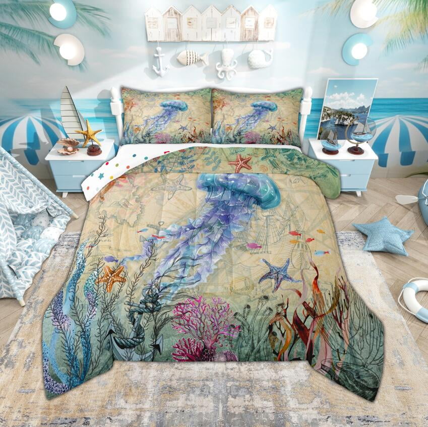 Manfei Marine Jellyfish Queen Comforter Set, Ocean Sealife Bedding Sets, Vintage Nautical Map ...