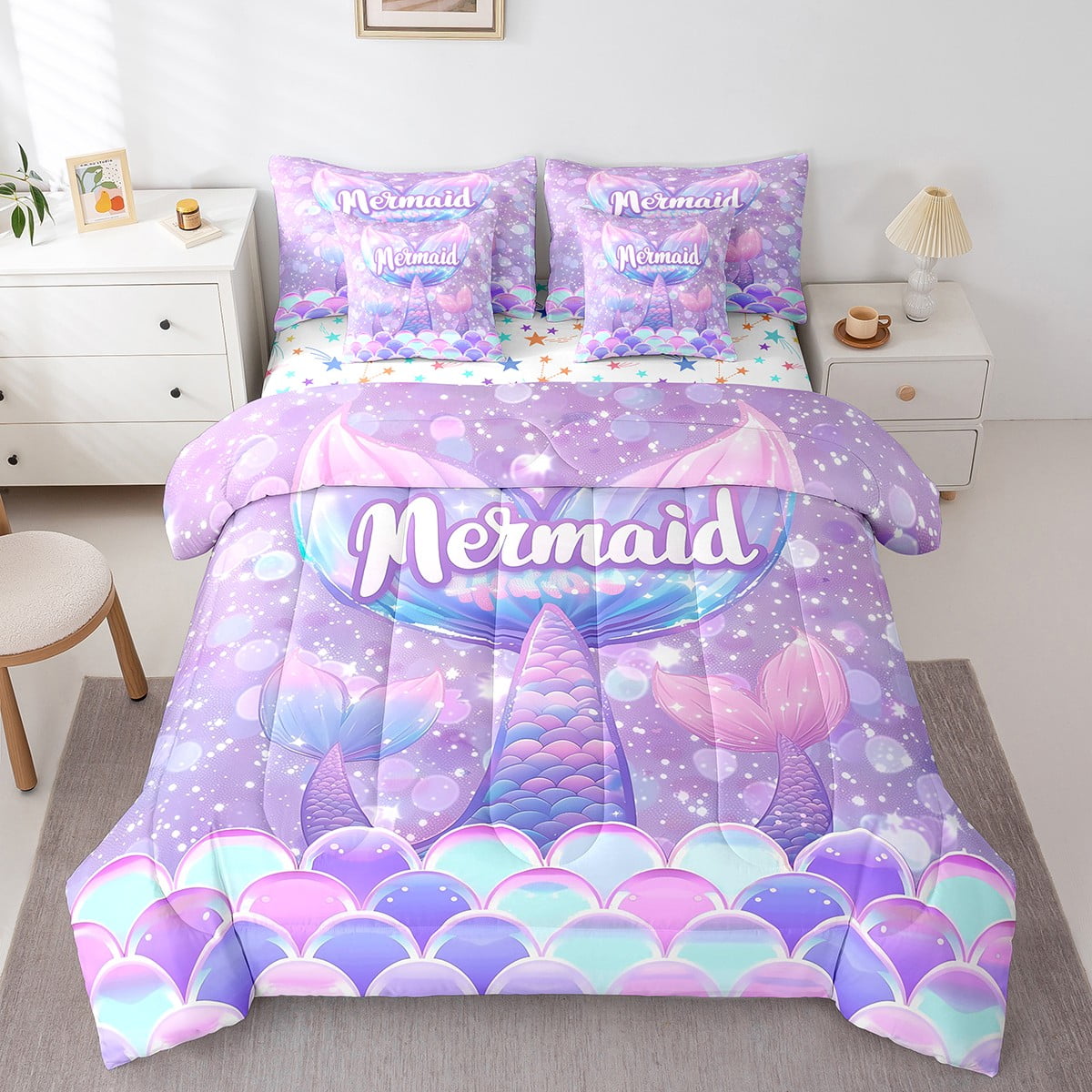 Manfei Marine Mermaid 7-Piece Bedding Comforter Set,Bling Glitter King ...