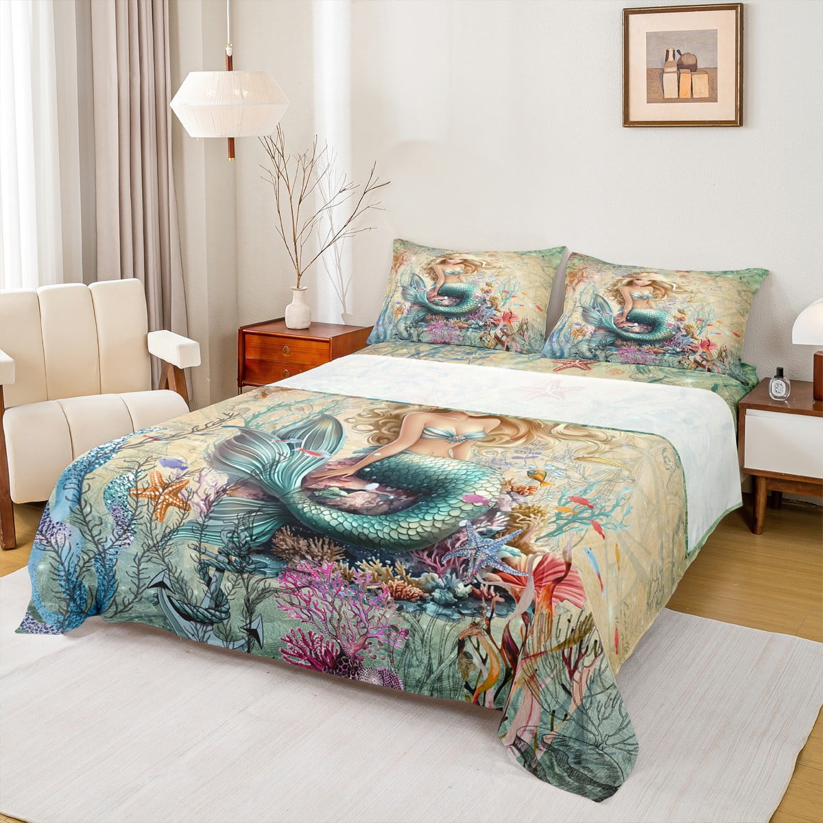Manfei Marine Mermaid Bed Sheets 4 Pieces, Ocean Sealife King Sheets ...