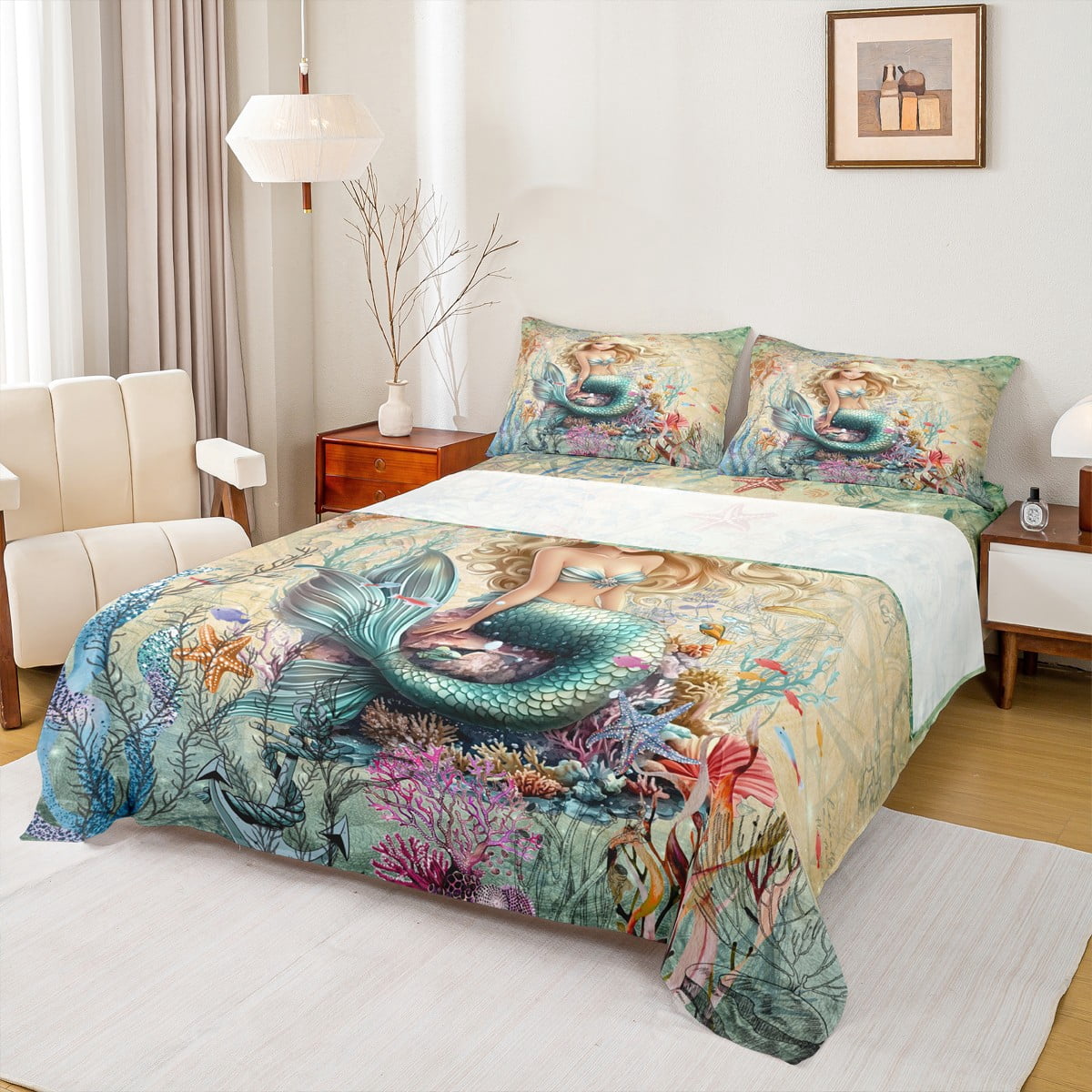 Manfei Marine Mermaid Queen Sheet Sets 4-Piece, Ocean Sealife Flat ...