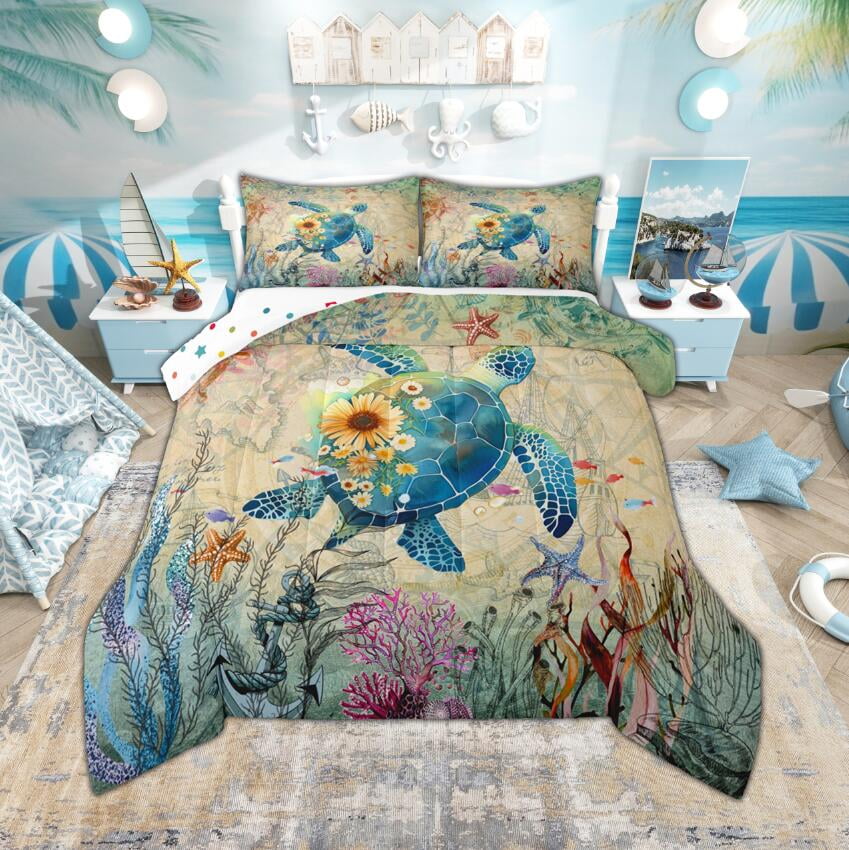 Manfei Marine Sea Turtle Bedding Comforter Set, Ocean Sealife Twin ...