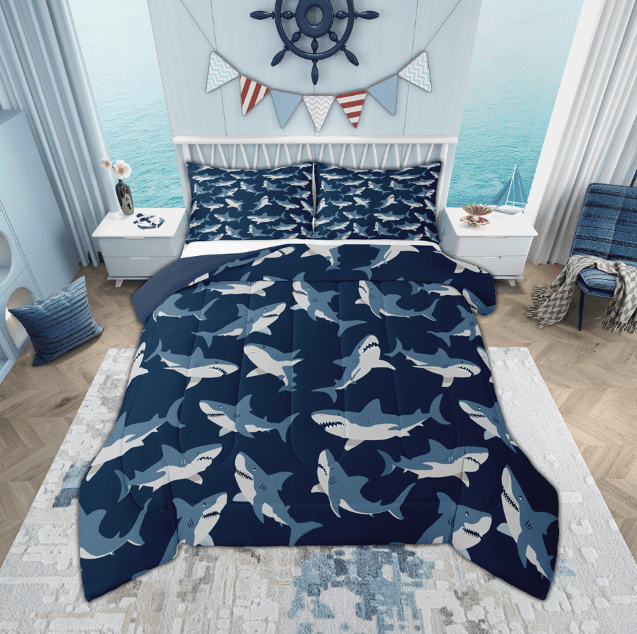 Manfei Marine Shark Child Full Size Comforter Sets, Kawaii Ocean Animal ...
