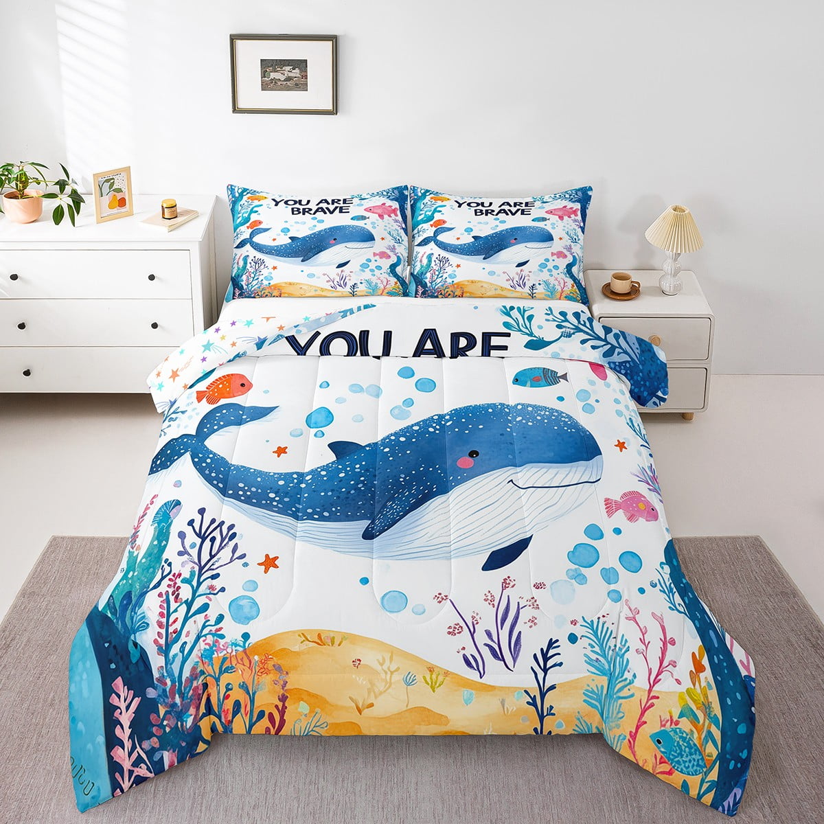 Manfei Marine Wheat 3pcs King Size Comforter Sets,Sea Animal Bedding Comforter Set,Kawaii ...