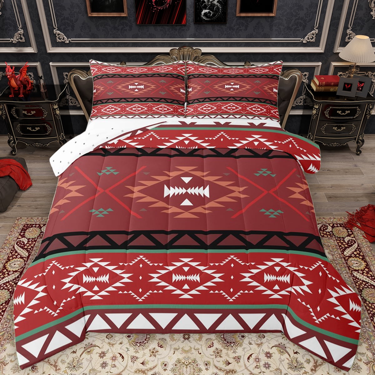 Manfei Maroon Abstract Aztec Queen Comforter Set, Retro Hippie Triangle ...