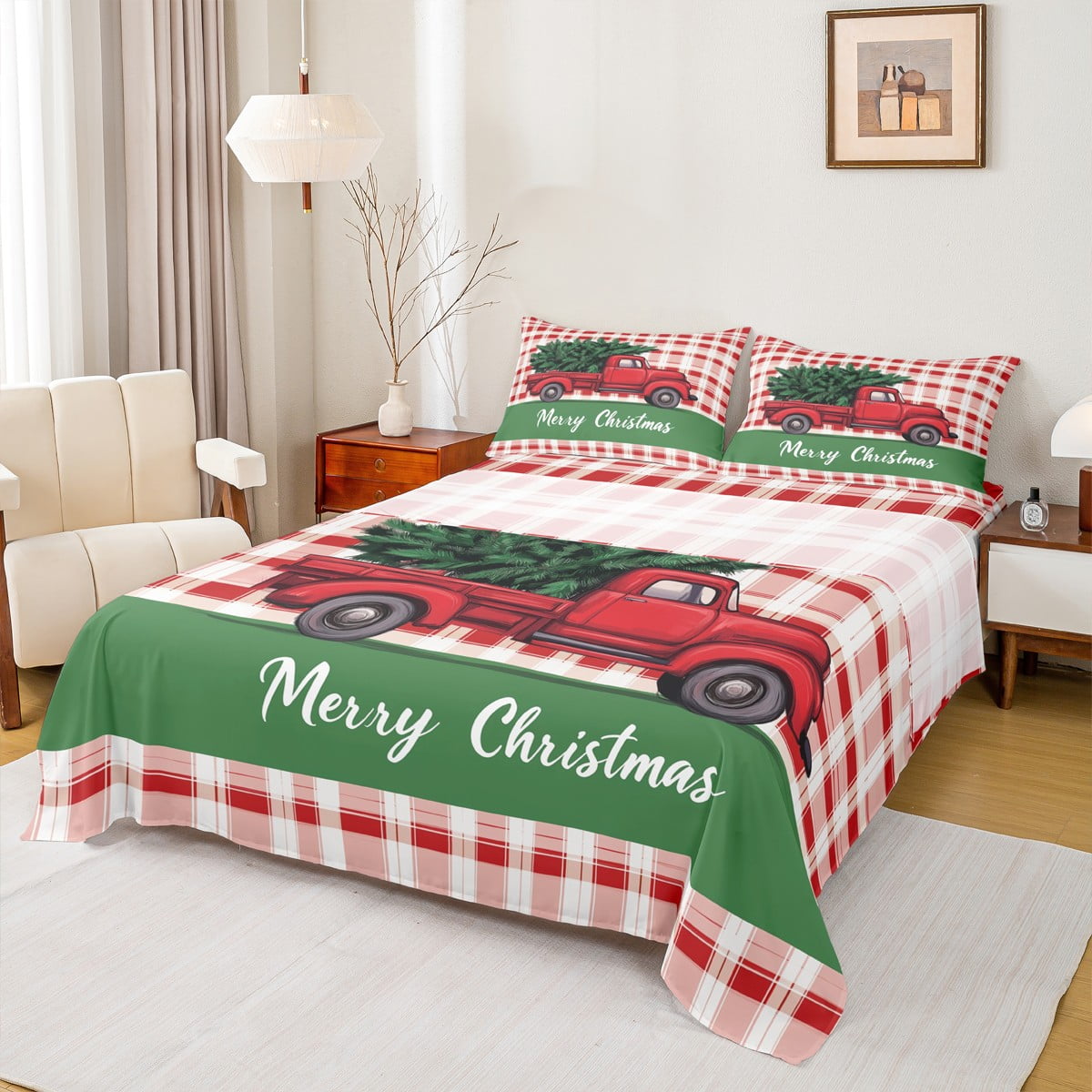 Manfei Merry Christmas Bed Sheets,Red Xmas Truck King Sheets,Geometric ...