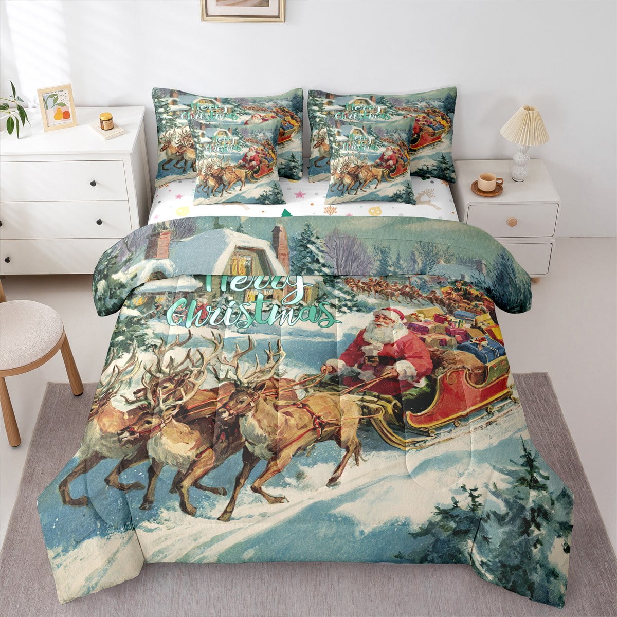 Manfei Merry Christmas Bedding Comforter Set 7pcs,Retro Santa Claus ...