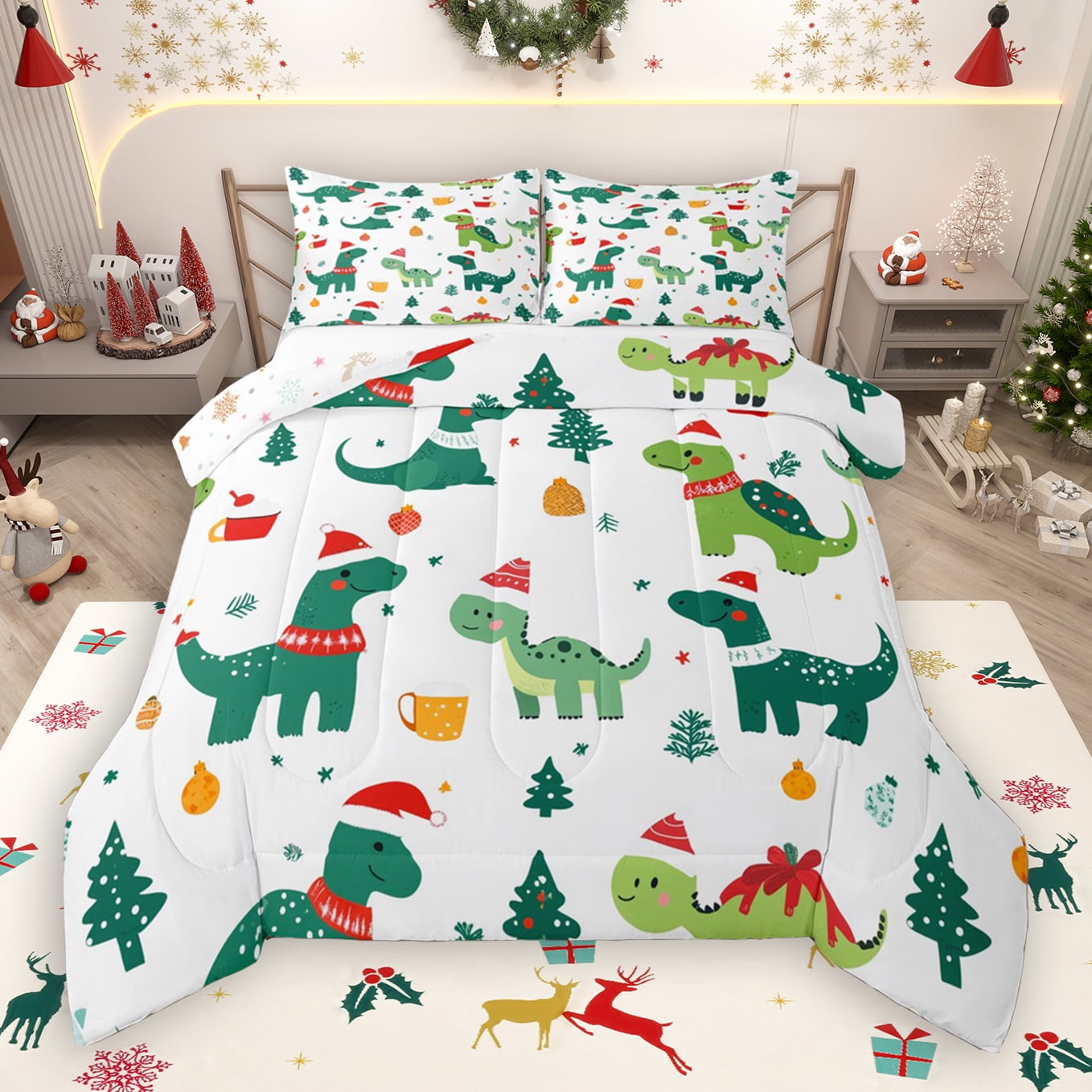Manfei Merry Christmas Bedding Comforter Set,Kawaii Green Dinsaur Twin ...