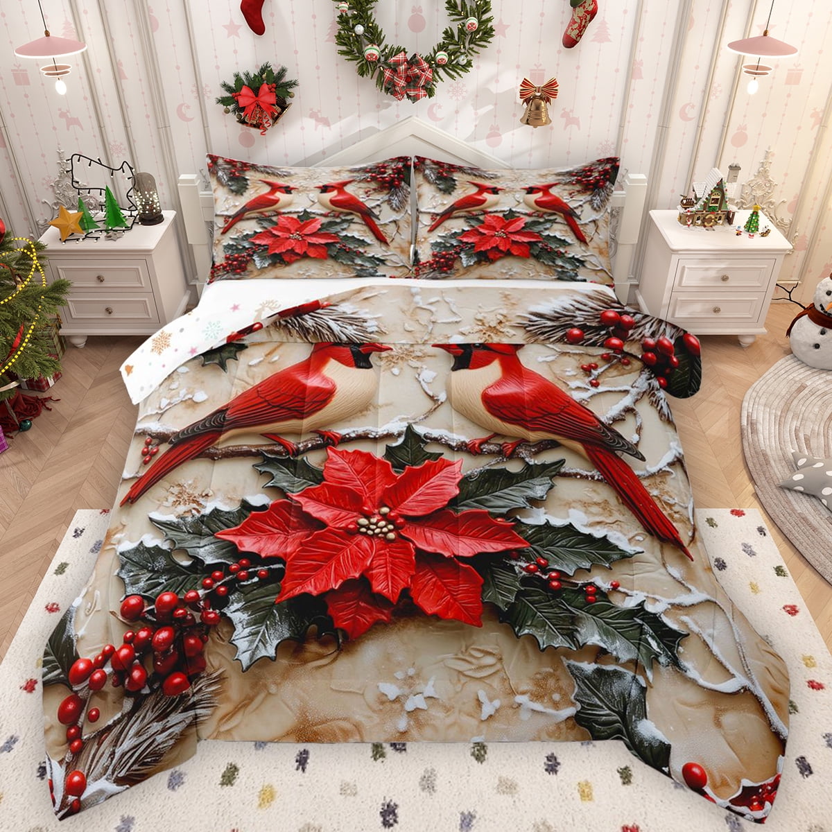 Manfei Merry Christmas Full Size Comforter Sets,Wild Cardinal Bird ...