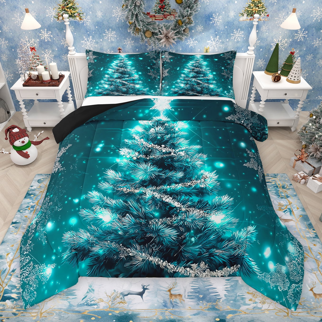 Manfei Merry Christmas Teens Queen Comforter Set, Cartoon Cyan Xmas ...