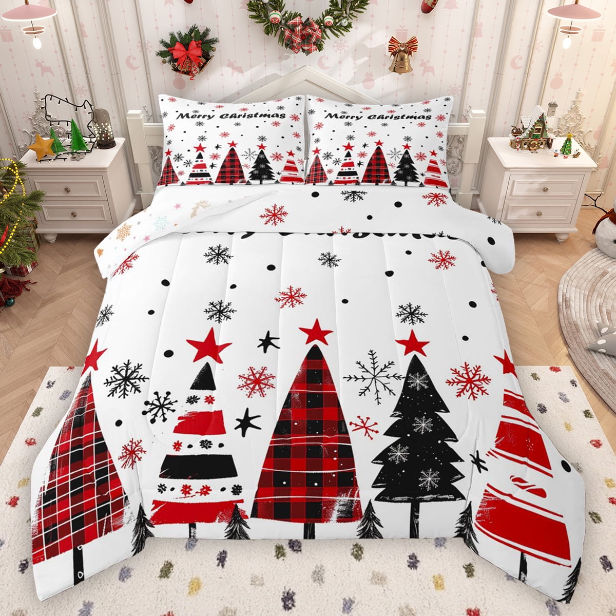 Manfei Merry Xmas Queen Comforter Set,Kawaii Christmas Tree Bedding ...