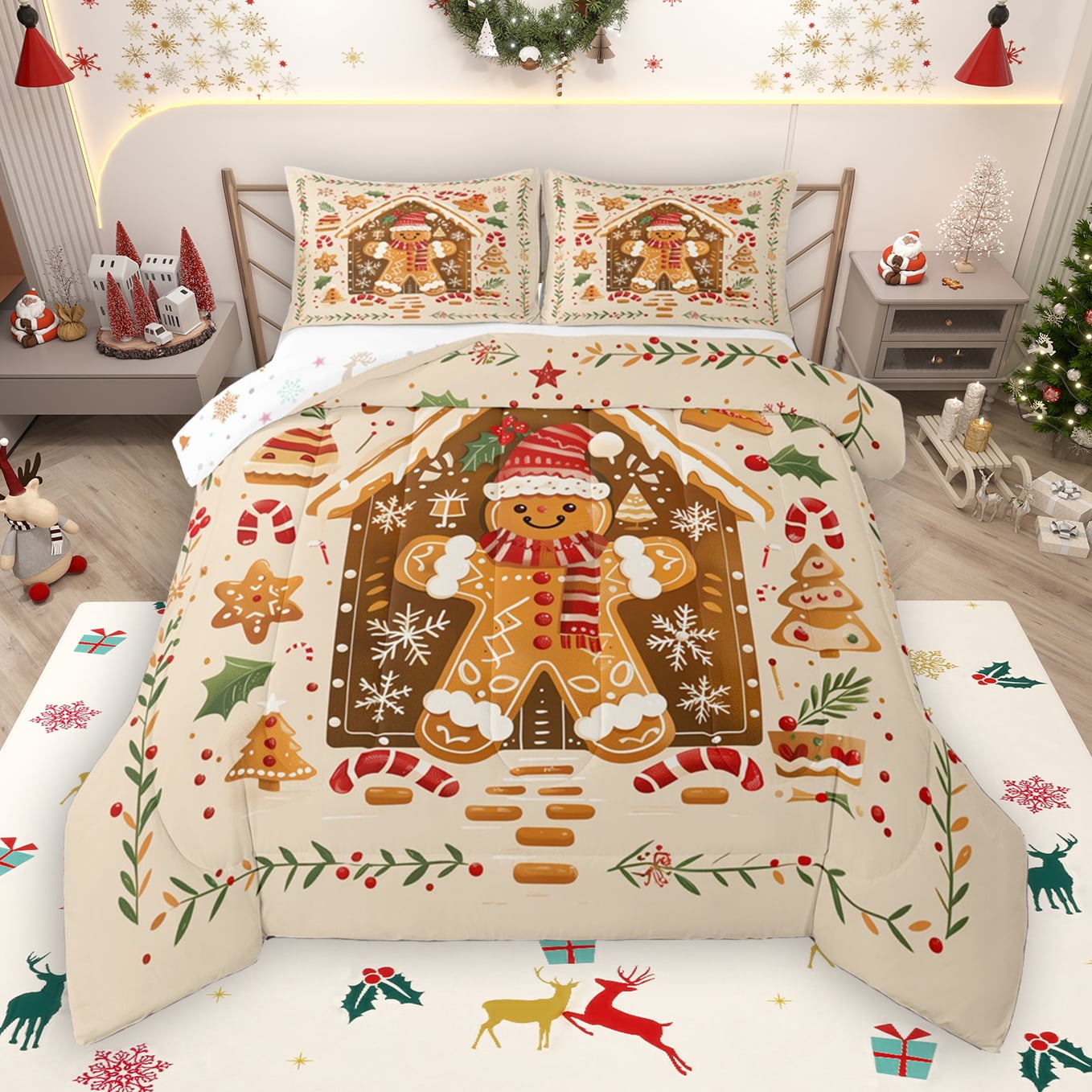 Manfei Merry Xmas Queen Comforter Set,Lovely Gingerbread Man Bedding ...
