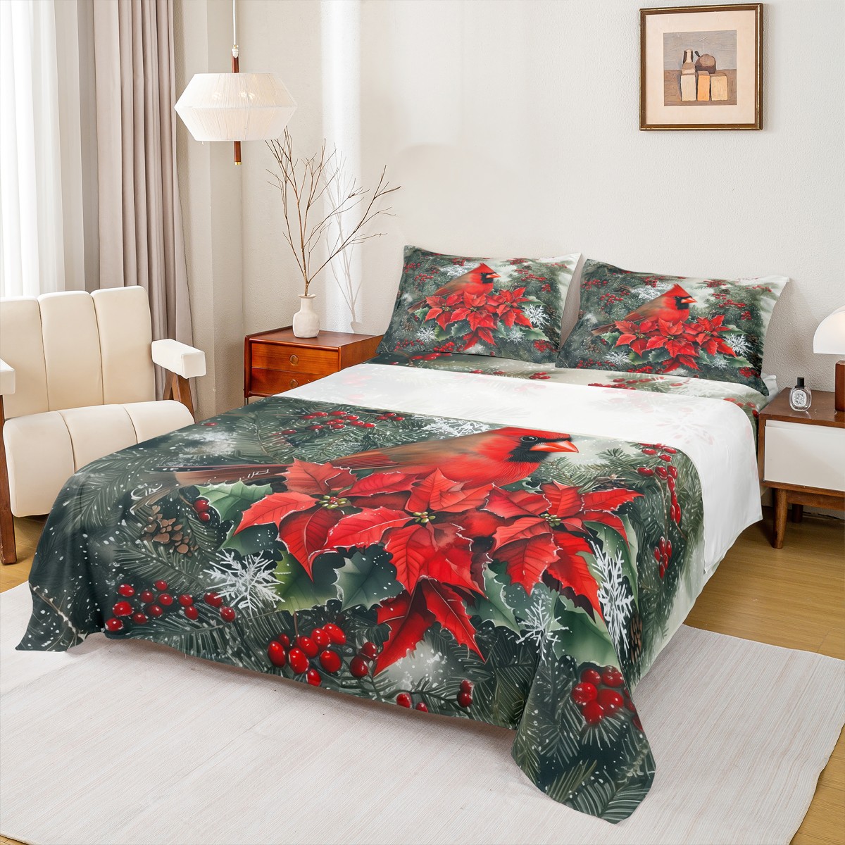 Manfei Merry Xmas Queen Sheet Sets,Christmas Cardinals Flat Sheet,Red ...