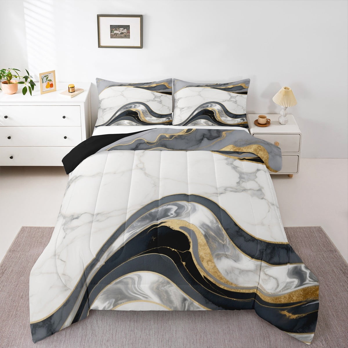 Manfei Metallic Marble Queen Comforter Set,Contemporary Fluid Stripe ...