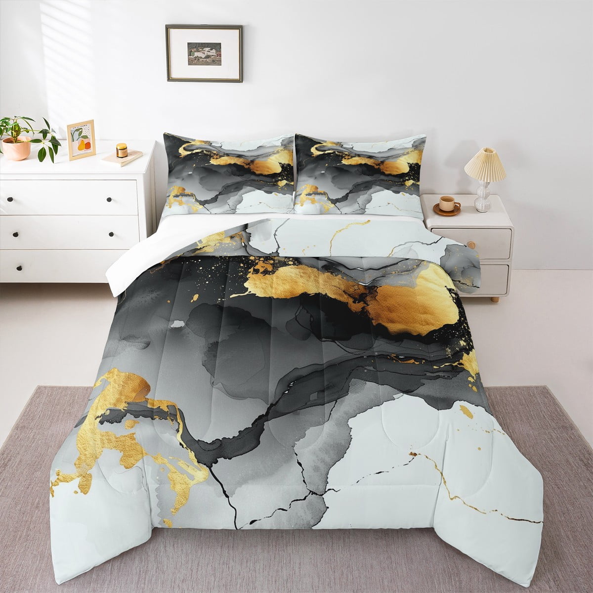 Manfei Metallic Marble Queen Comforter Set,Gold Fluid Stripe Bedding ...
