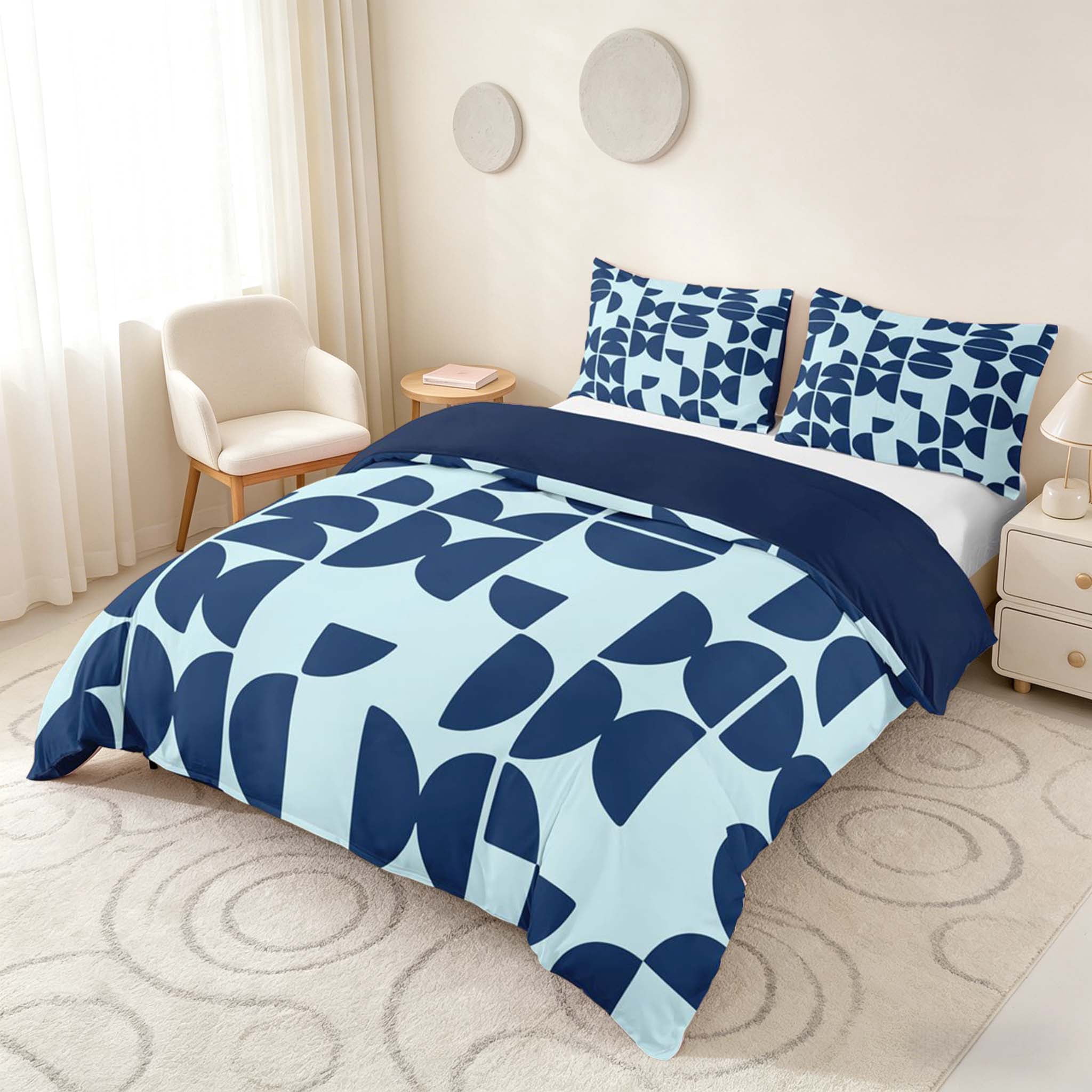 Manfei Mid-Century Geometric Bedding, Navy Semicircle Duvet Cover Full ...