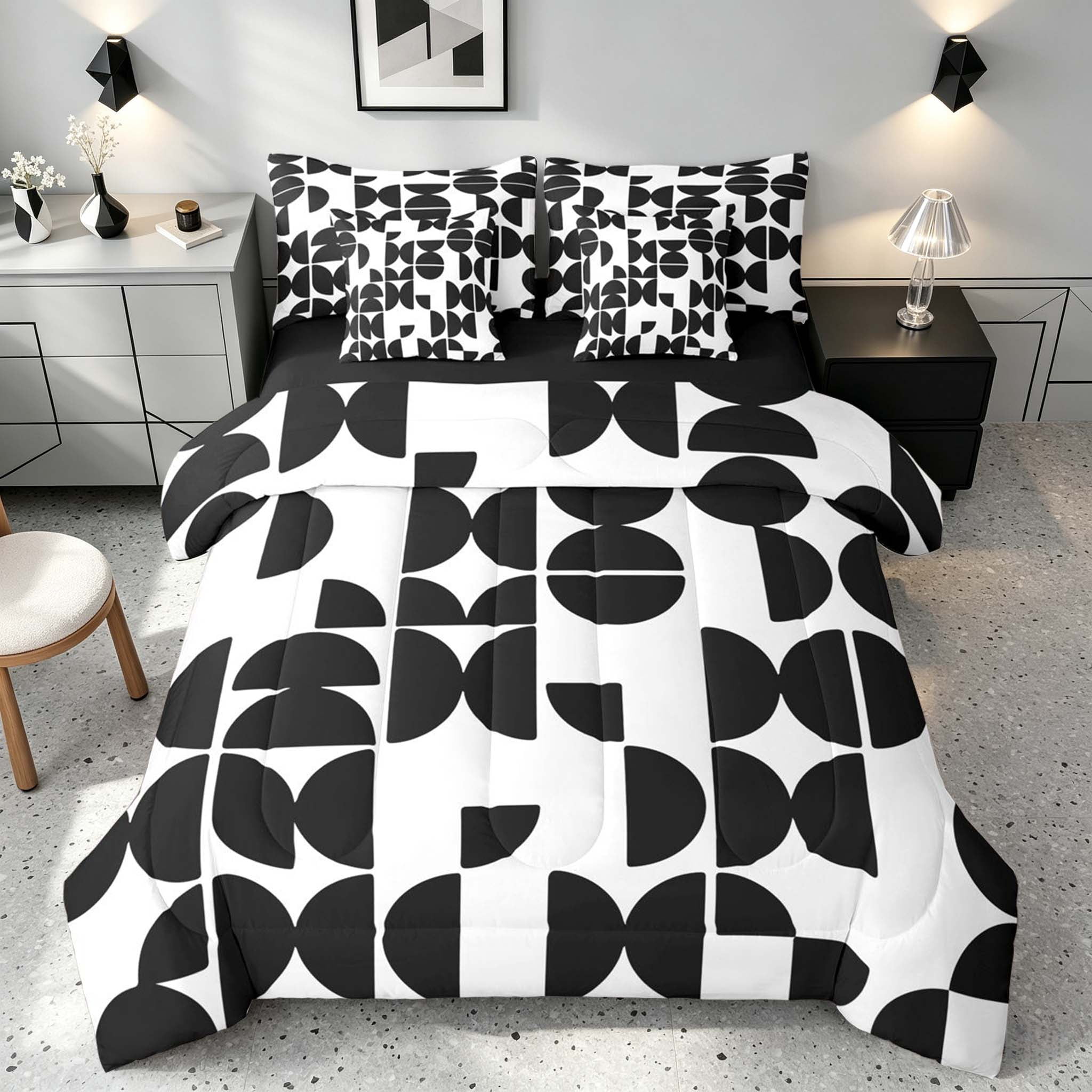 Manfei Mid-Century Geometric King Bedding, Black Semicircle King Bed in ...