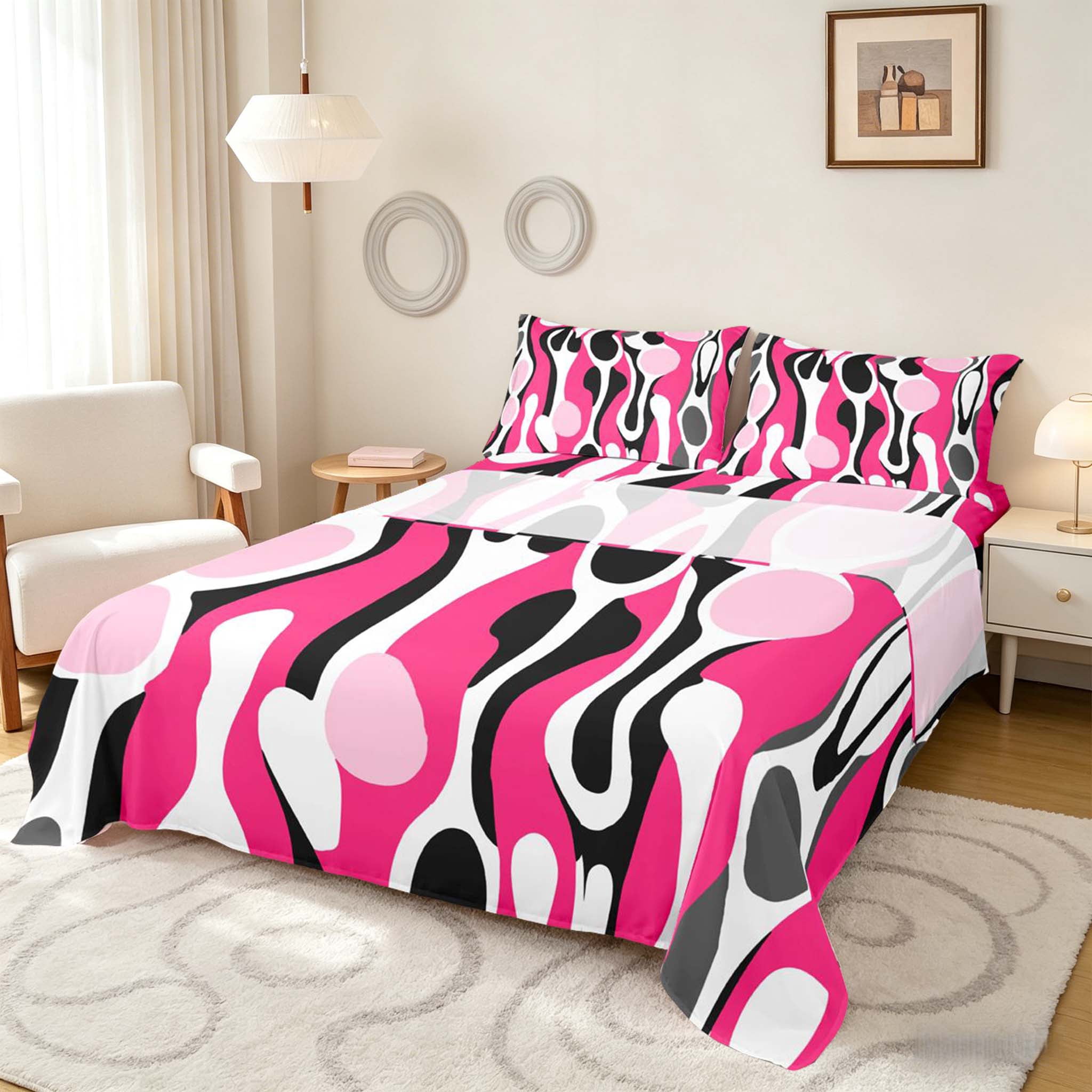 Manfei Minimalism Abstract Bed Sheets, Hot Pink Aesthetic Fuul Size ...