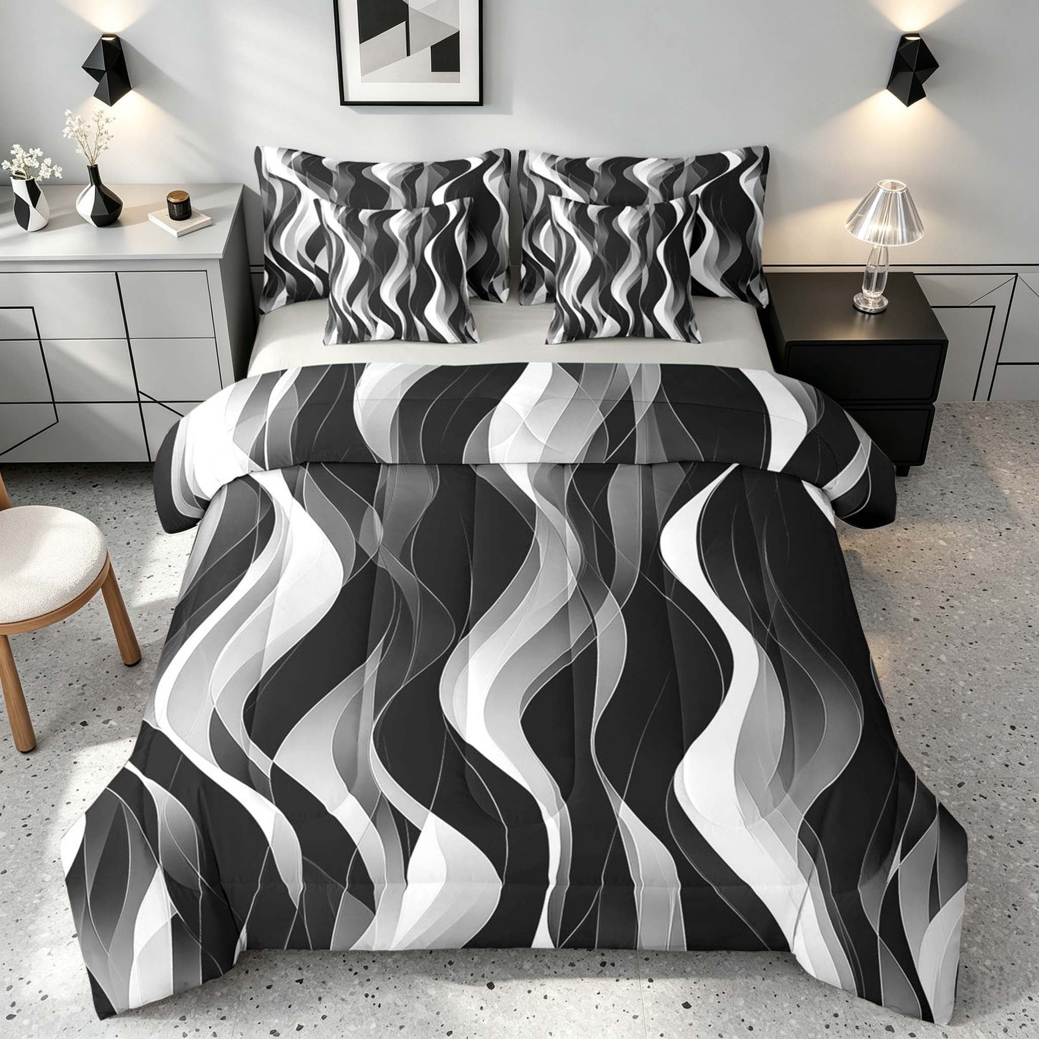Manfei Minimalist Abstract Wave King Bedding, Flowing Line Art King Bed ...