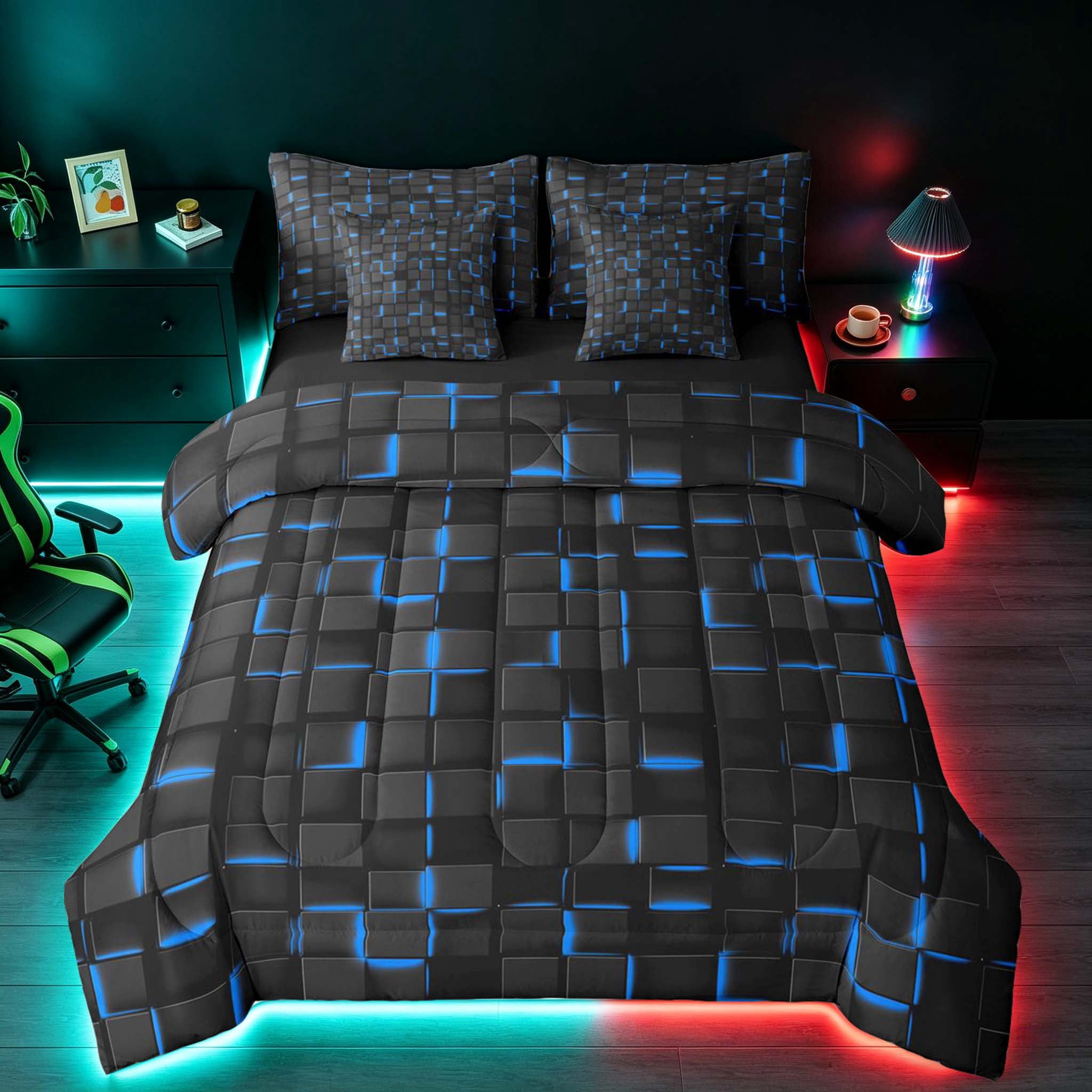 Manfei Modern 3D Square King Bedding, Neon Glow King Bed in a Bag ...