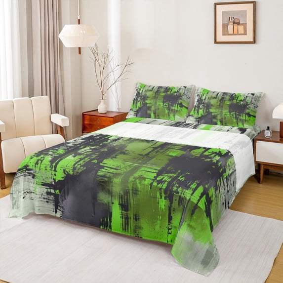 Manfei Modern Abstract Art Bed Sheets, Green Stripes Geometric King ...