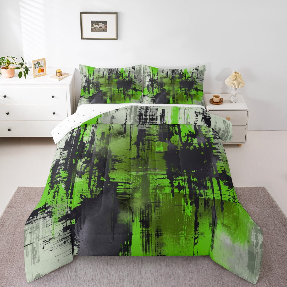 Manfei Modern Abstract Art Bedding Comforter Set, Green Stripes ...