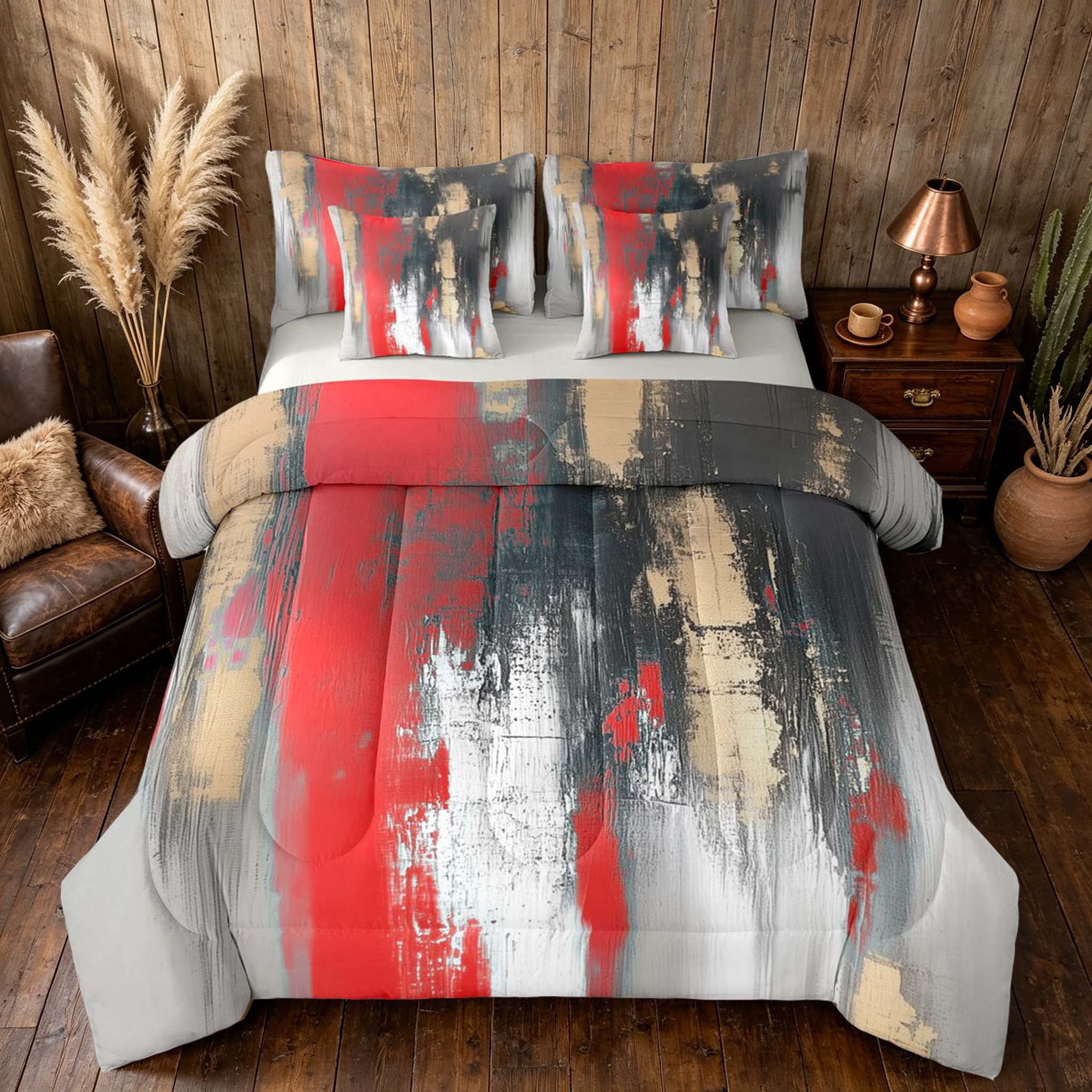 Manfei Modern Abstract Brushstroke Queen Bedding, Red Black Gold Ombre ...