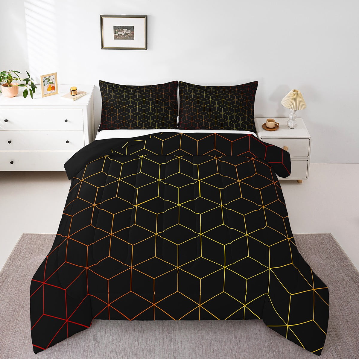Manfei Modern Geometric Bedding Sets King with Comforter, Orange ...