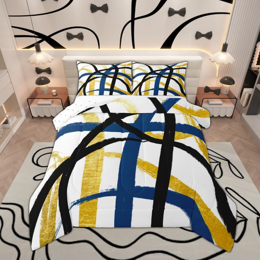 Manfei Modern Geometric Stripe Bedding Comforter Set, Blue Black Gold ...