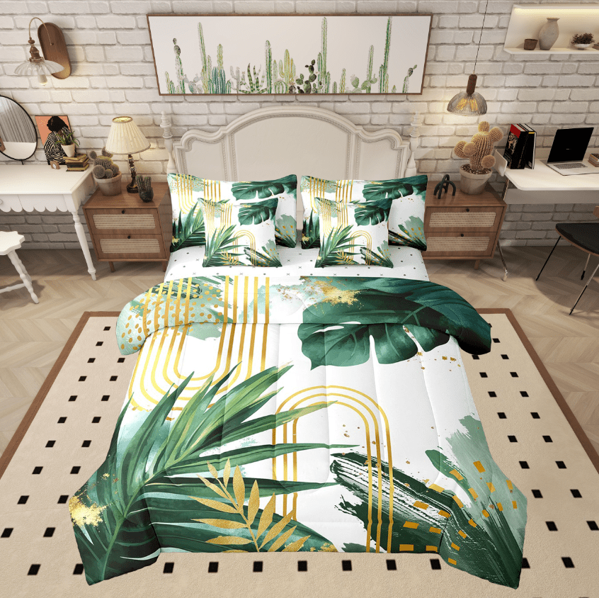 Manfei Modern Minimalism Bedding Sets Queen Size, Palm Botanical Bed in ...