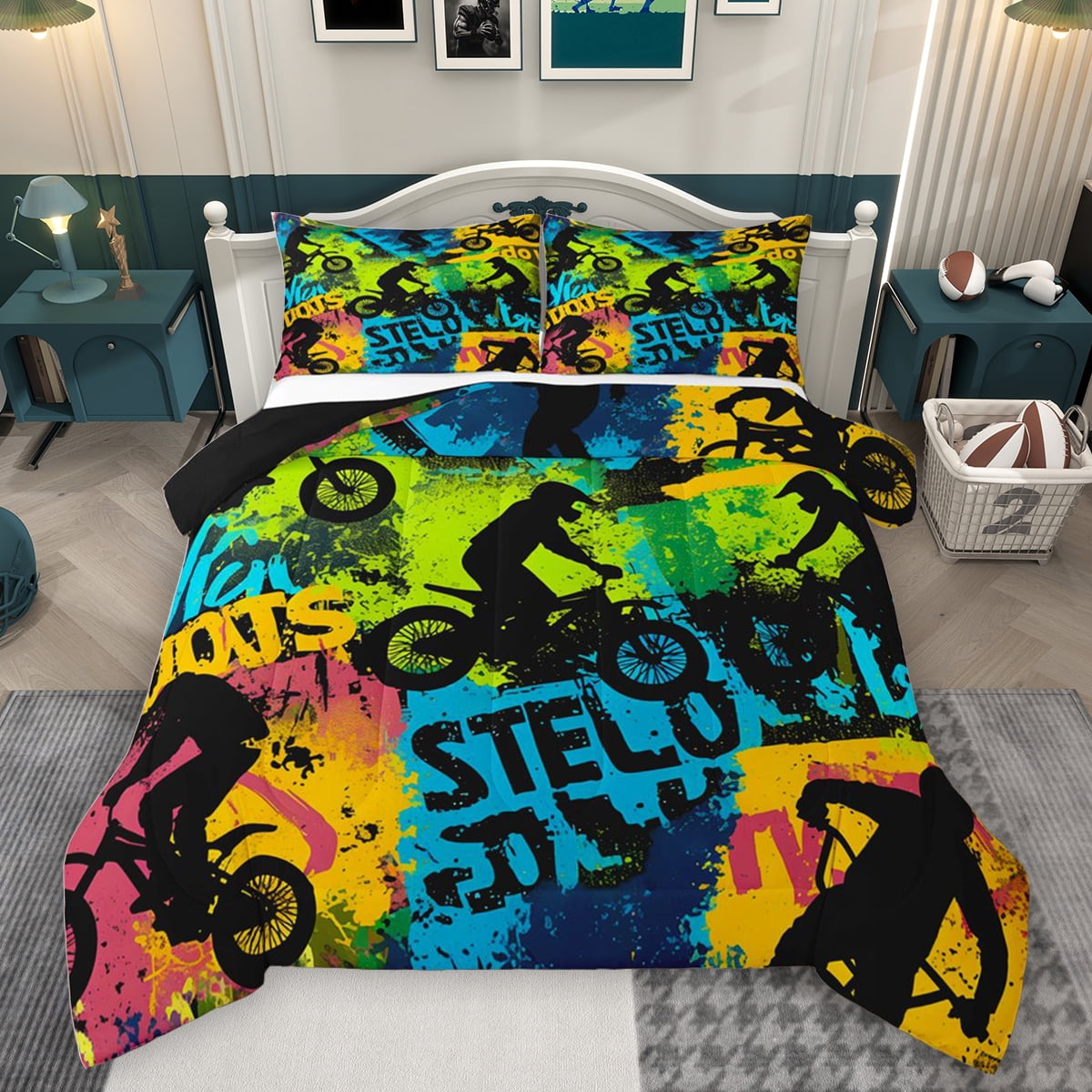 Homewish Modern Motorcycle Player Bedding Comforter Set for Kids, Chic ...