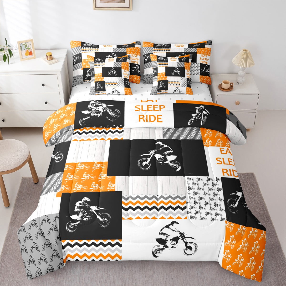 Manfei Modern Motorcycle Print Bedding Comforter Set 7 Pieces for Kid ...