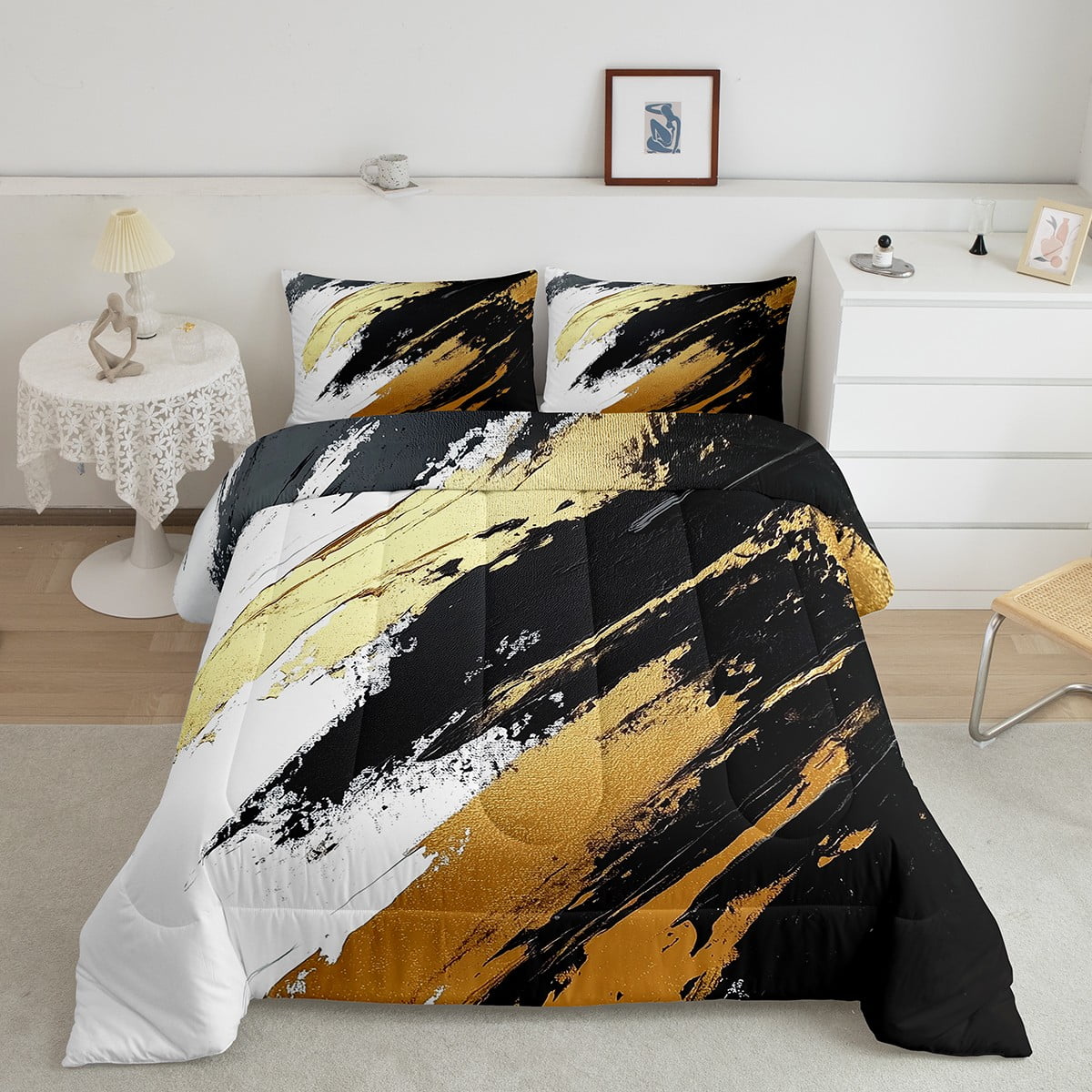 Manfei Modern Splash Ink Bedding Twin Comforter Set,Minimalsit Aesthetic Art Down Comforter,Gold ...
