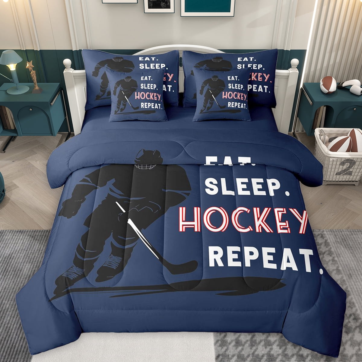 Manfei Modern Sports Player Bedding Comforter Set 7pcs, Eat Sleep ...