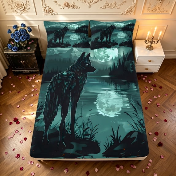 Manfei Moon Wolf Fitted Sheet Queen, Rustic Lake Moon Bedding, Teal ...
