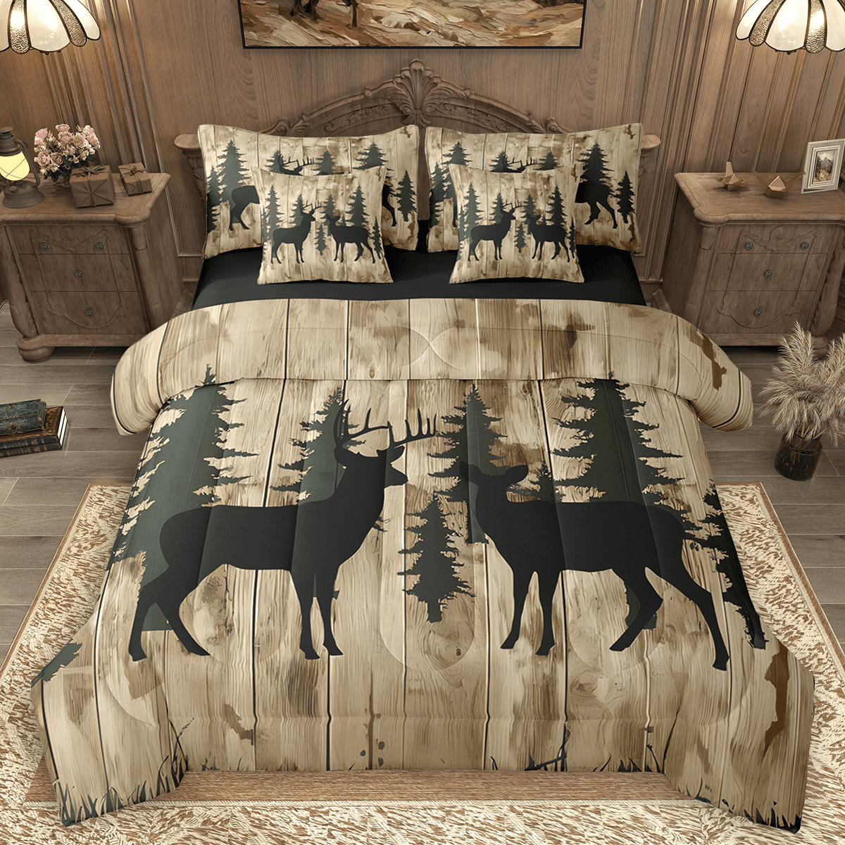 Manfei Moose Silhouette Bedding Comforter Set 7 Pieces, Jungle Pine ...
