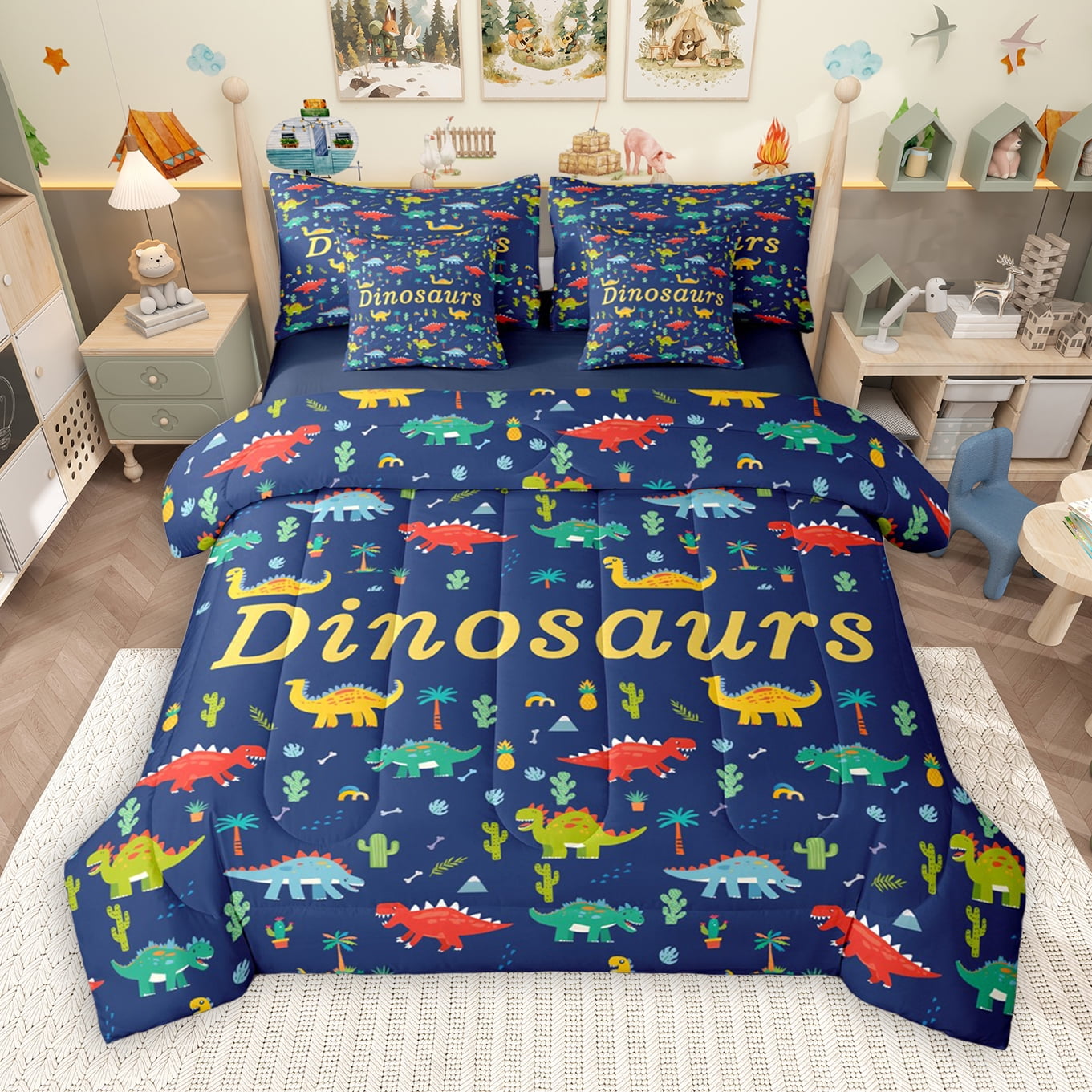 Manfei Multicolor dinosaurs 7-Piece Twin Bedding Sets,Tropical Desert ...