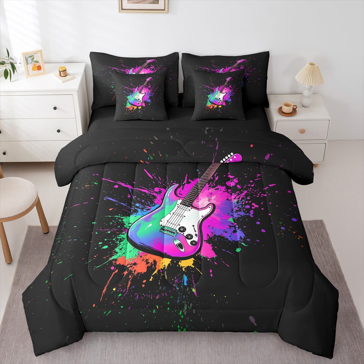 Manfei Multicolor Music Guitar Bedding Comforter Set 7pcs,Watercolor ...