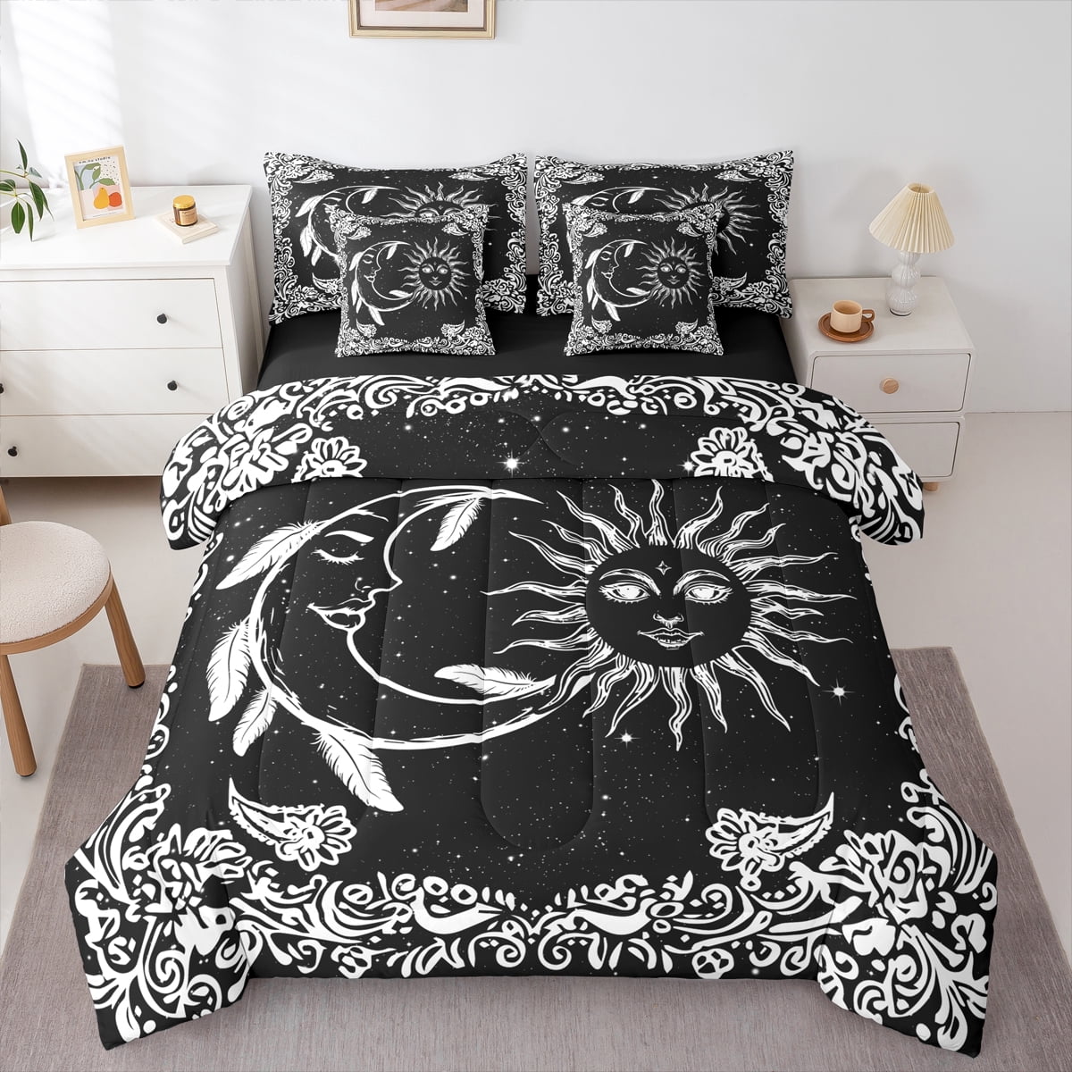 Manfei Mystic Moon Sun Bedding Comforter Set 7-Piece, Black White ...