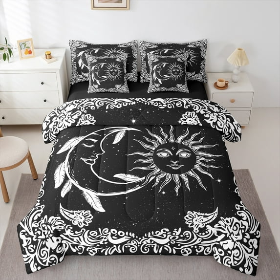Manfei Mystic Moon Sun Bedding Comforter Set 7pcs, Black White Damask ...