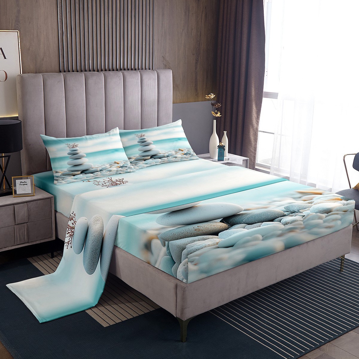 Manfei Nature Beach King Sheet Sets, White Stone Sheet Set King, Marine ...