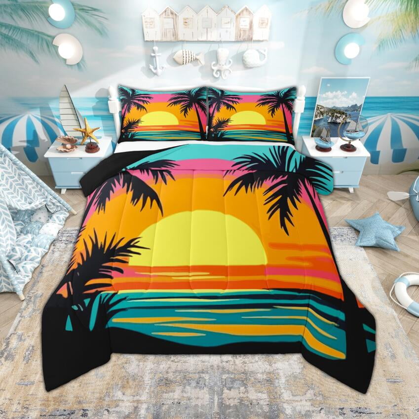 Manfei Nature Beach Sunset Queen Comforter Set, Tropical Palm Tree ...
