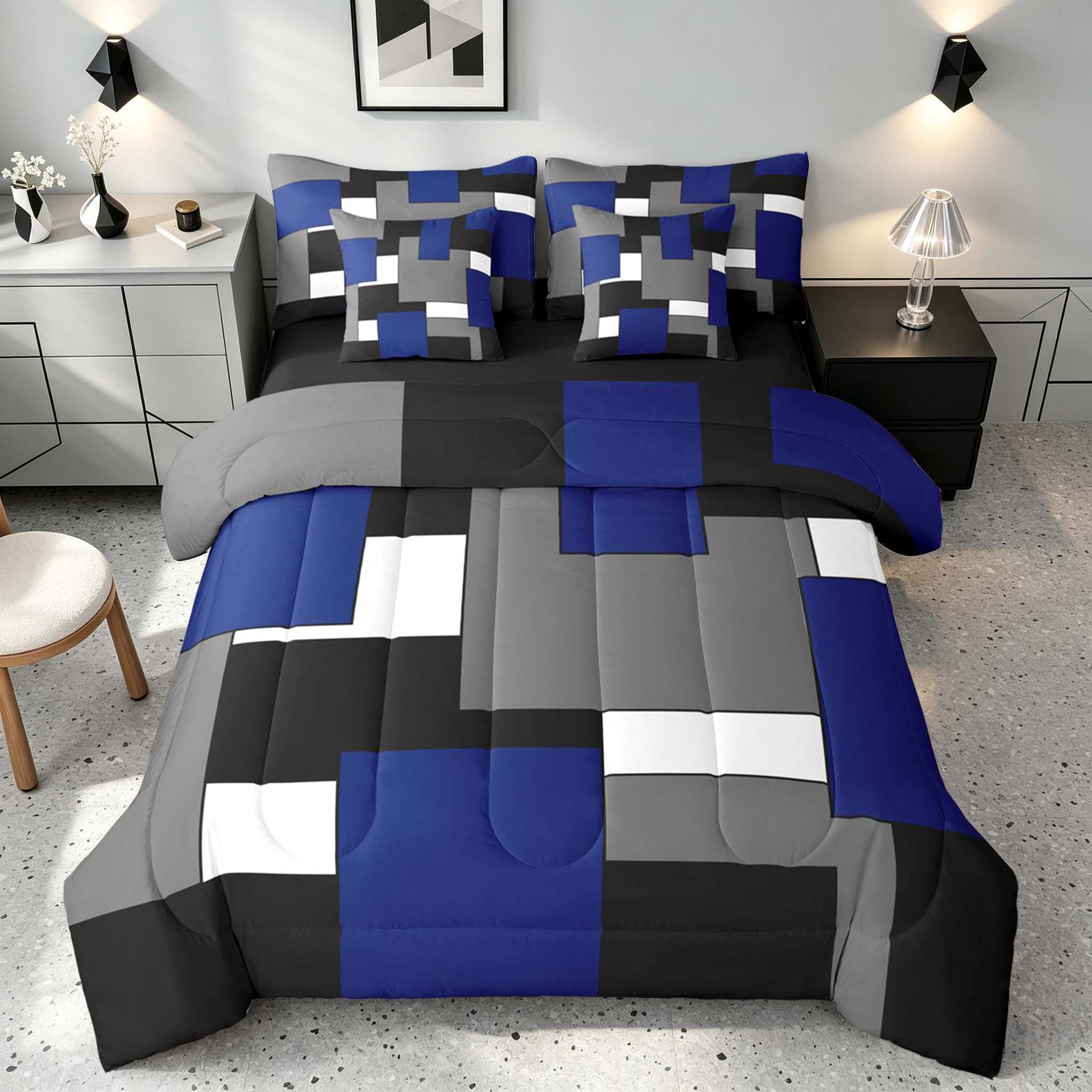 Manfei Navy Blue Gray Square Twin Bedding, Minimalism Geometric Grid ...
