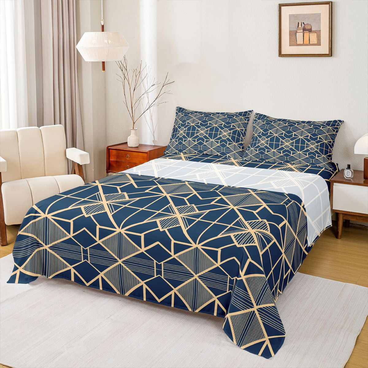 Homewish Navy Gold Triangle Bed Sheets for Adult, Chic Minimalst ...