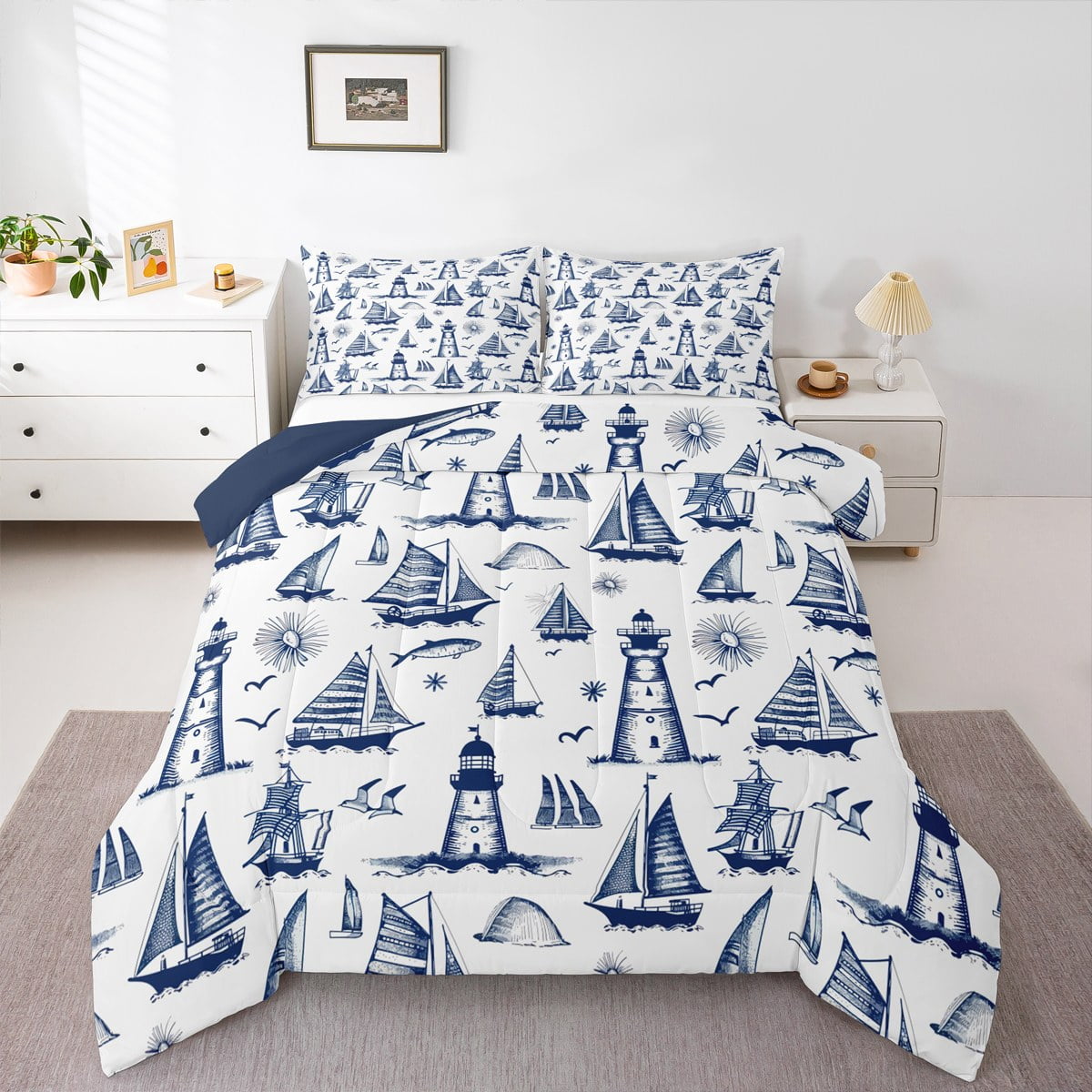 Manfei Navy Sailboat Full Size Comforter Sets,Ocean Sea Seagull Bedding ...