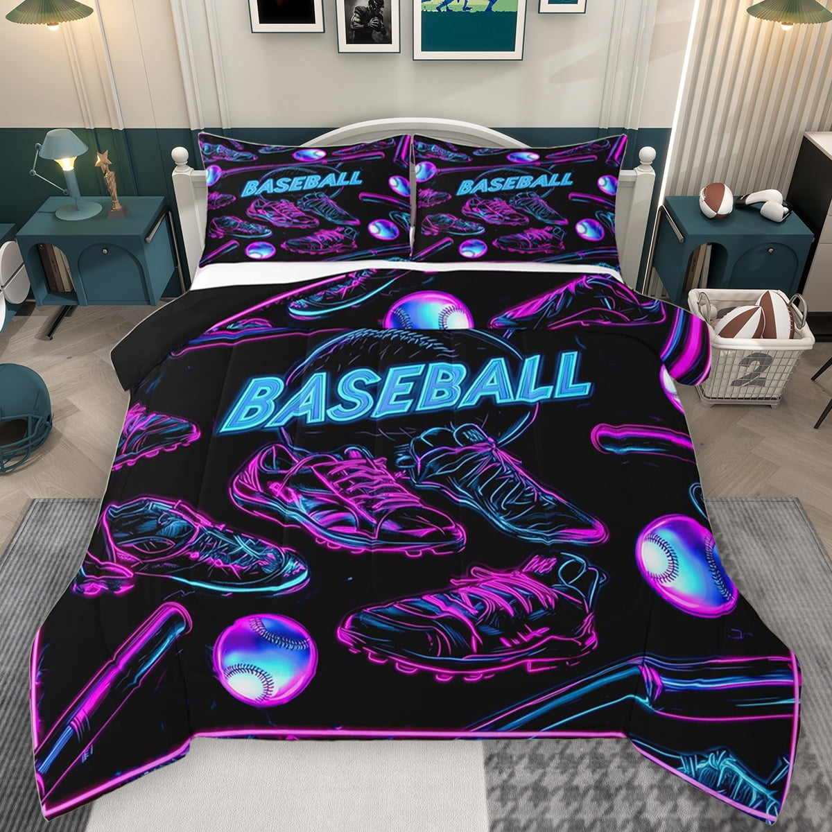 Manfei Neon Baseball Shose Bedding Comforter Set for Boys, Black ...