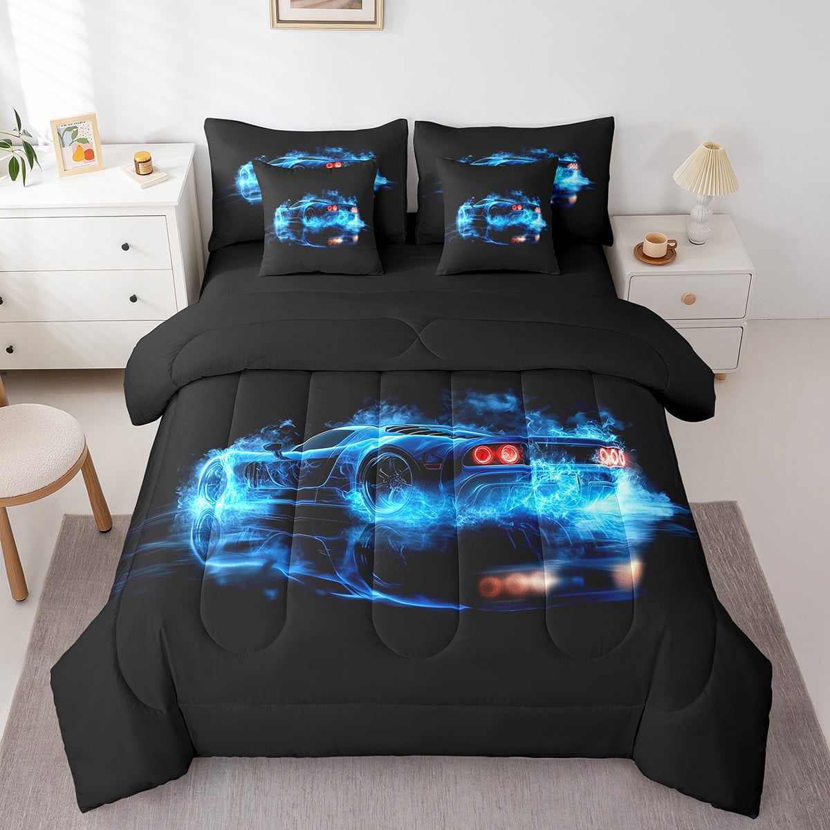 Manfei Neon Blue Automobile Bedding Full Size, Racing Car Bedding Sets ...