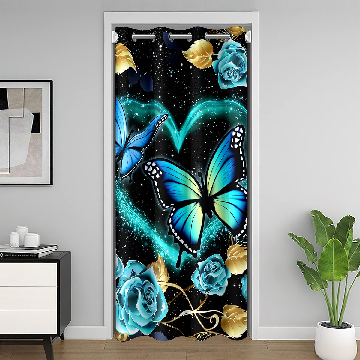 Manfei Neon Blue Butterfly Door Curtain Panel 42x84, Cyan Teal Rose ...